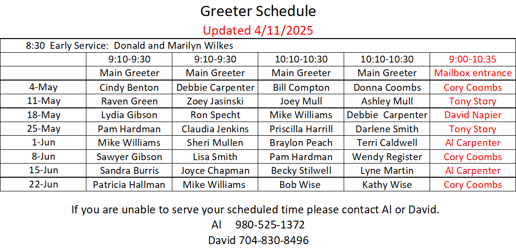 Greeter and Safety Team Schedules – Boger City Baptist Church